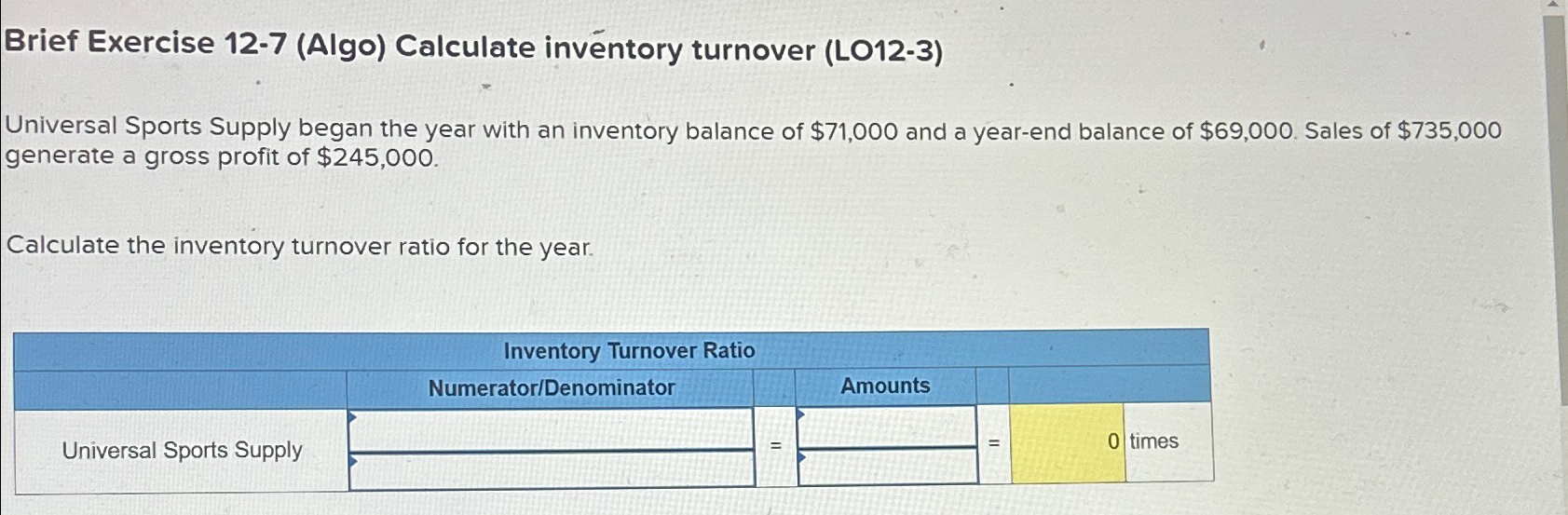 Brief Exercise 12-7 (Algo) ﻿Calculate invéntory | Chegg.com