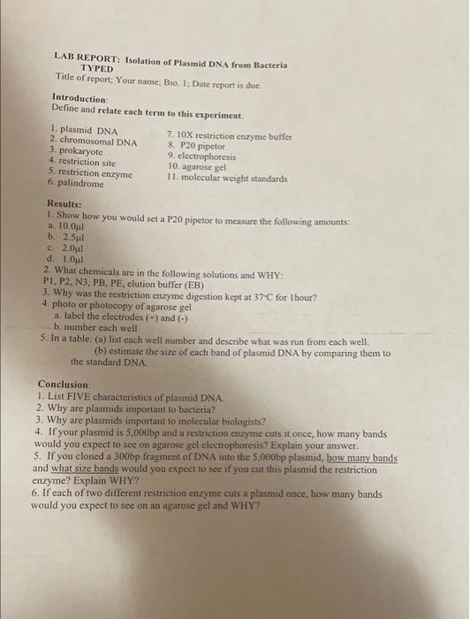 Solved LAB REPORT: Isolation of Plasmid DNA from Bacteria | Chegg.com