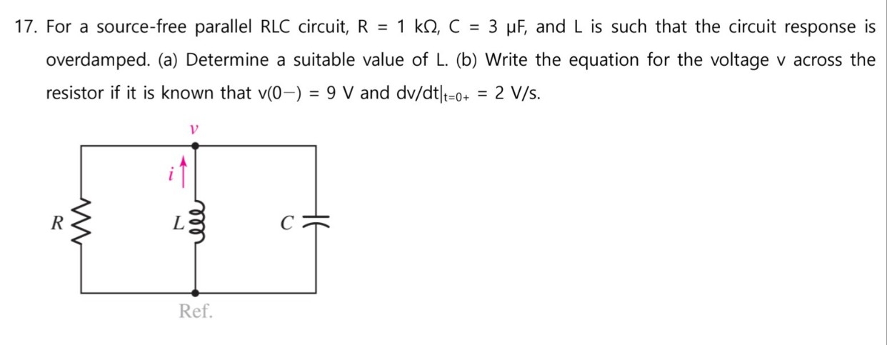 Solved For a source-free parallel RLC circuit, R=1kΩ,C=3μF, | Chegg.com