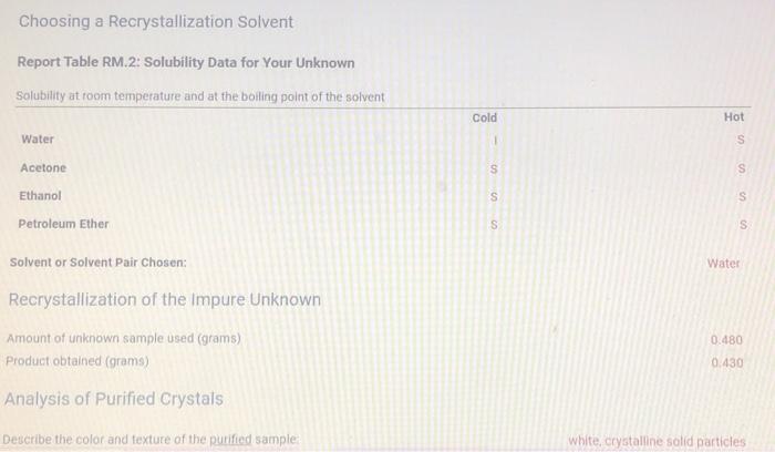Choosing a Recrystallization Solvent Report Table | Chegg.com