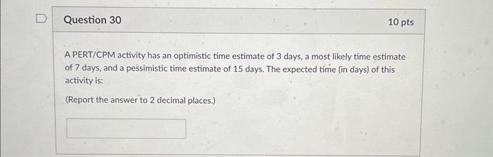 Solved A PERT/CPM activity has an optimistic time estimate | Chegg.com