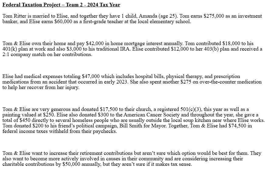 Solved Federal Taxation Project - ﻿Team 2 - 2024 ﻿Tax | Chegg.com