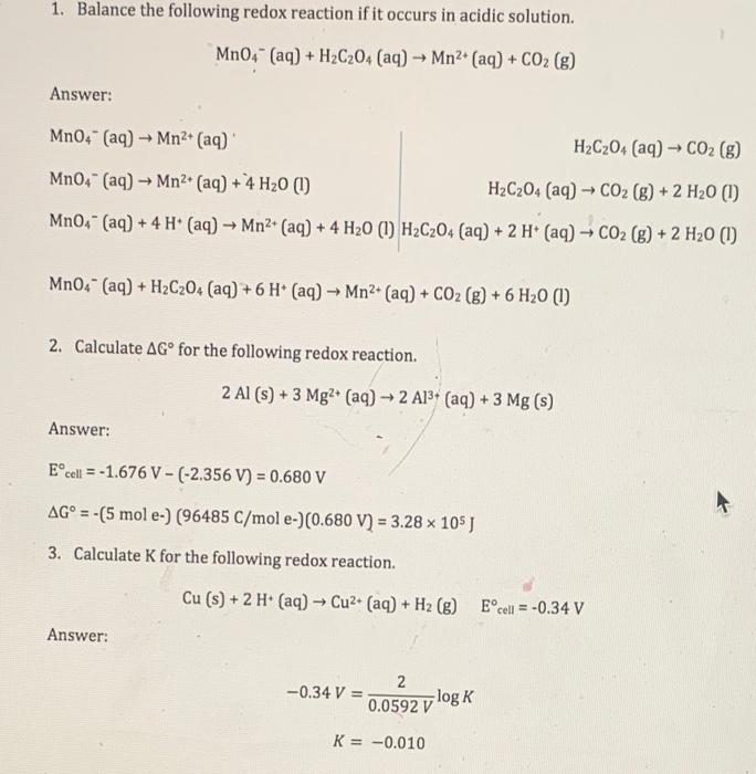 Solved 1. Balance the following redox reaction if it occurs | Chegg.com