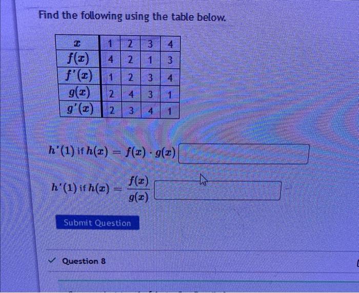 Solved Find the following using the table below. h′(1) if | Chegg.com