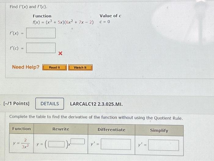 Solved Find f′(x) and f′(c). Function | Chegg.com