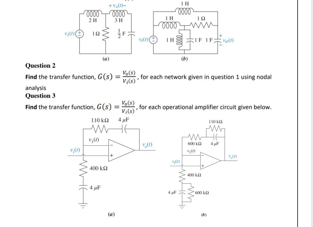 Solved Find the transfer function, G(s)=Vi(s)V0(s), for each | Chegg.com