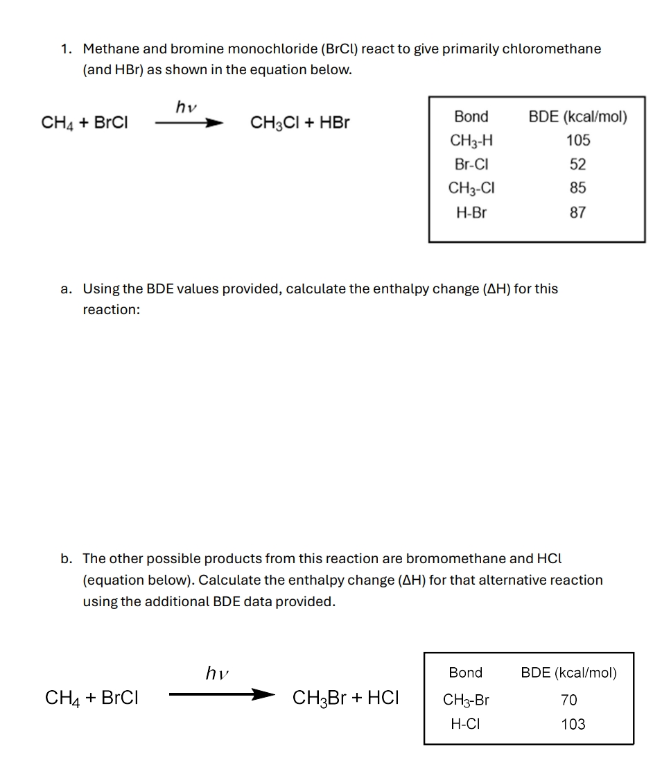 Methane and bromine monochloride (BrCl) ﻿react to | Chegg.com