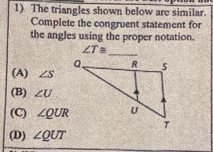 Solved 1) The triangles shown below are similar. Complete | Chegg.com