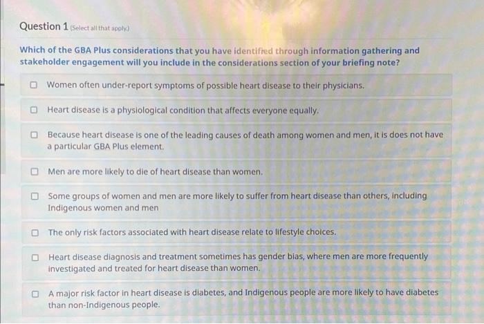 Which of the GBA Plus considerations that you have | Chegg.com