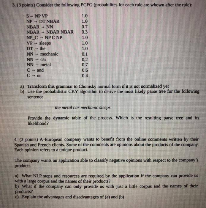 3. (3 points) Consider the following PCFG | Chegg.com