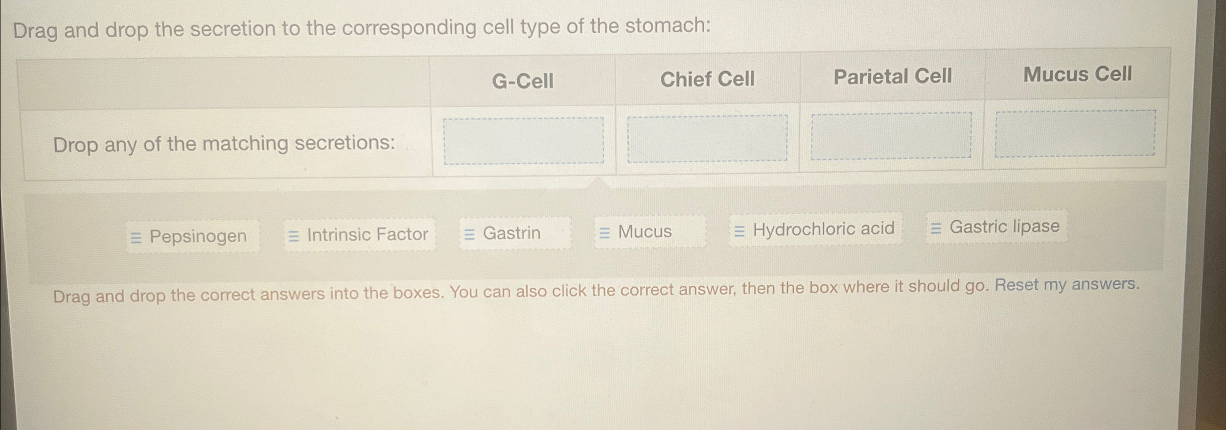 Solved Drag and drop the secretion to the corresponding cell | Chegg.com