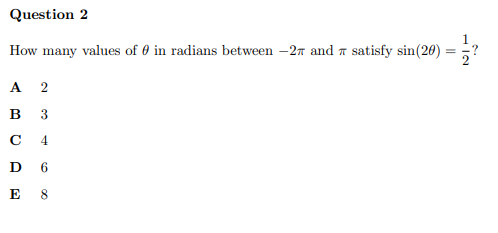 Solved Question 2How many values of θ ﻿in radians between | Chegg.com