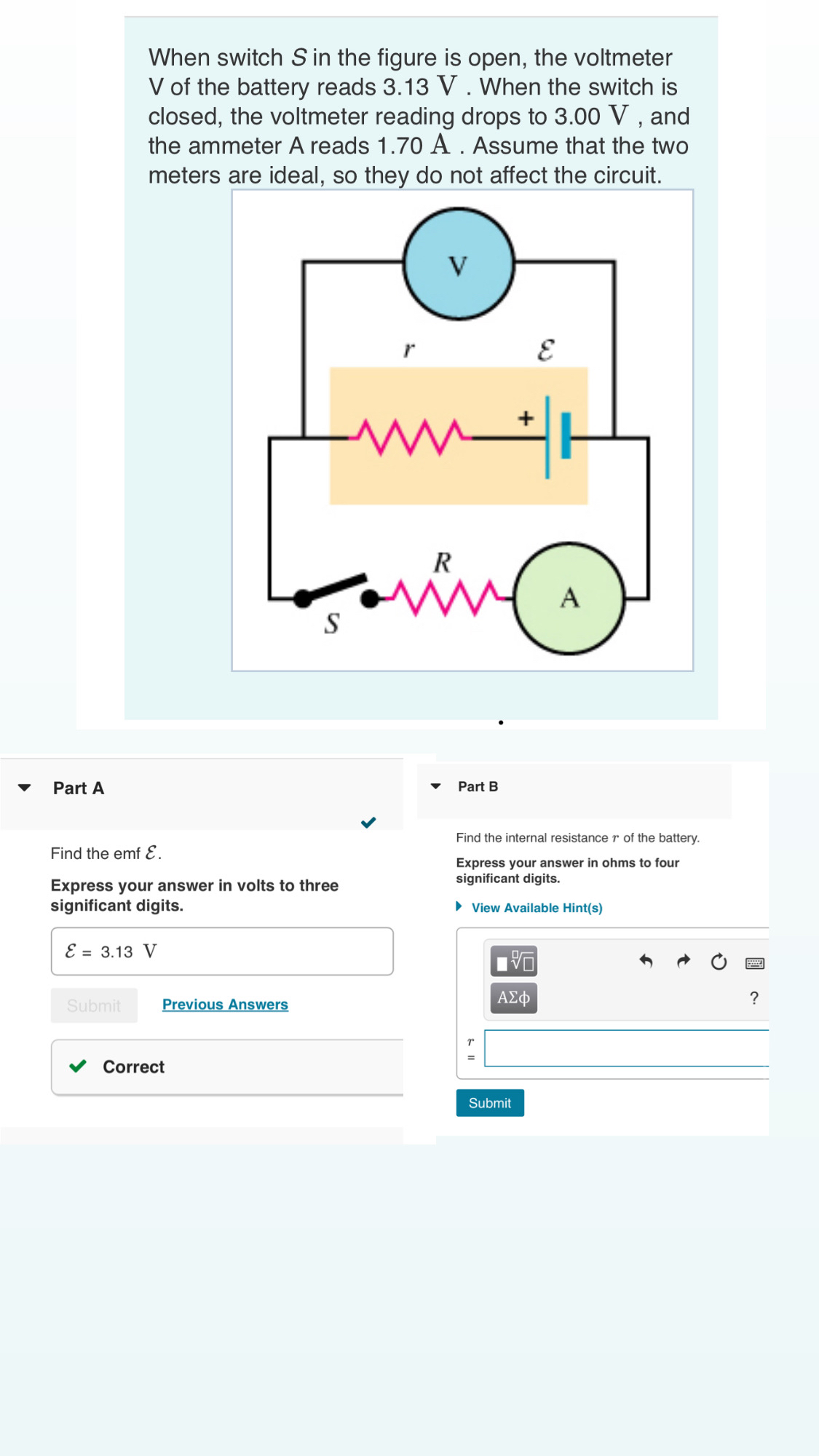 Solved When switch S ﻿in the figure is open, the voltmeter V | Chegg.com