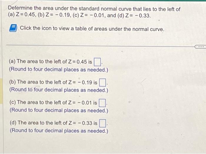 Determine the area under the standard normal curve | Chegg.com