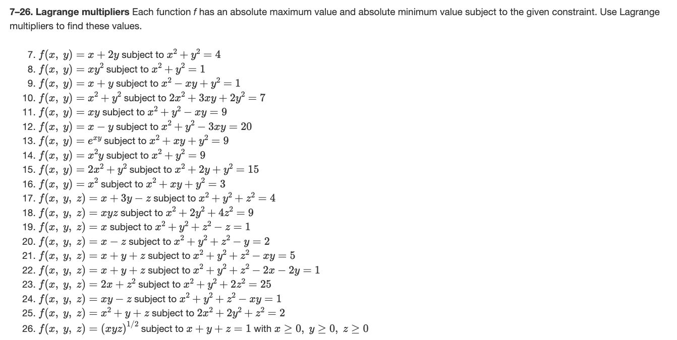 Solved 7-26. ﻿Lagrange multipliers Each function f ﻿has an | Chegg.com