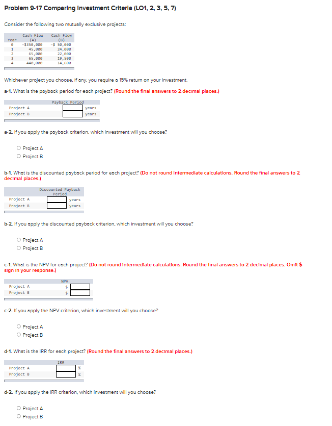Solved Problem 9-17 ﻿Comparing Investment Criteria | Chegg.com