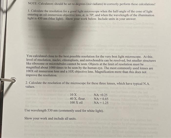 Solved 1. Calculate the resolution for a good light | Chegg.com
