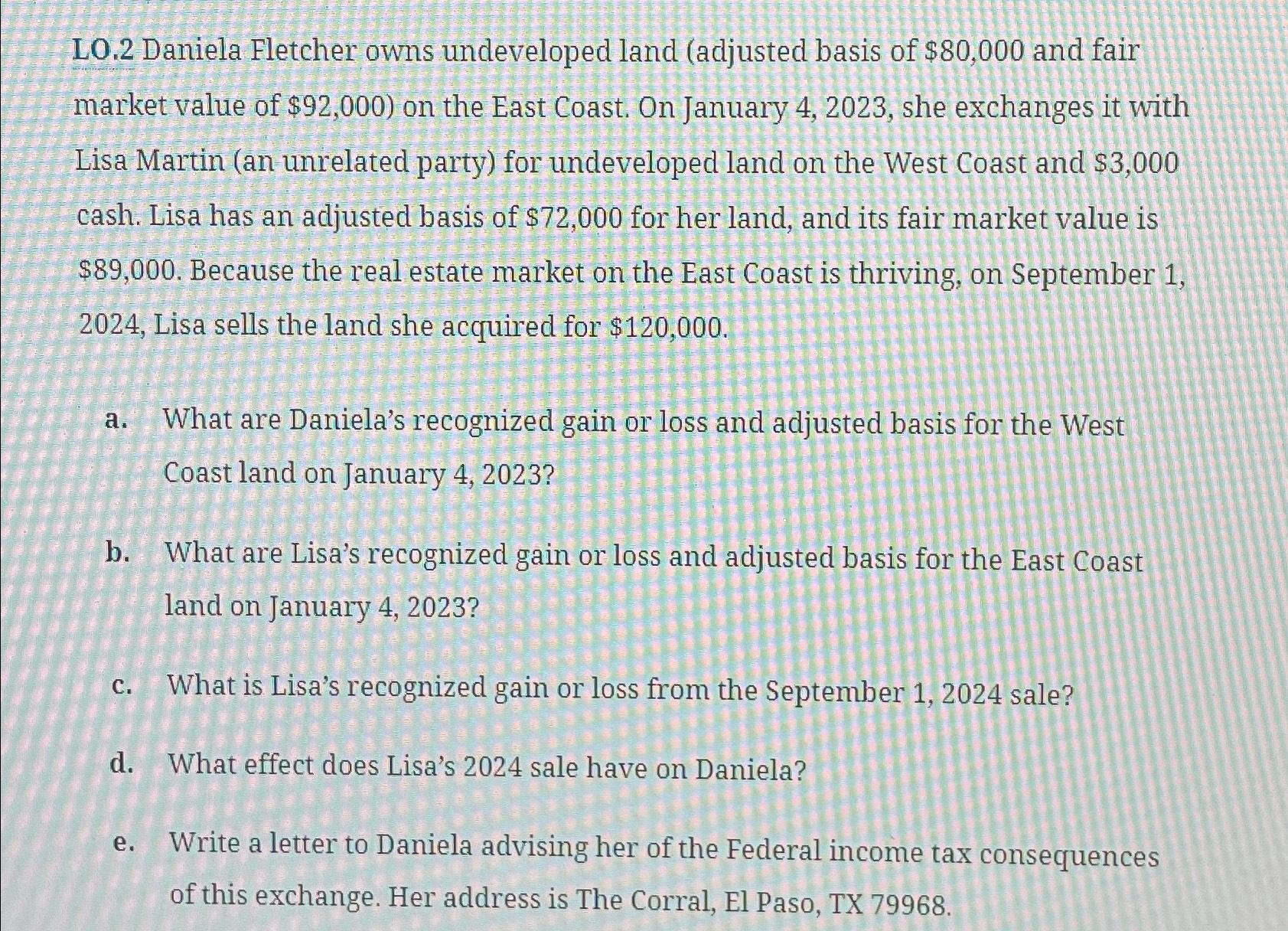 Solved L0.2 ﻿Daniela Fletcher owns undeveloped land | Chegg.com