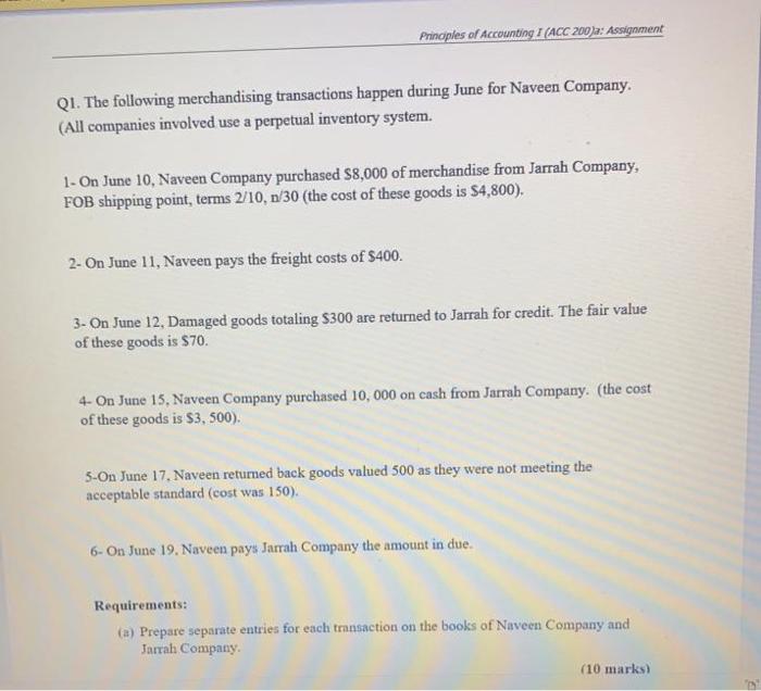 Solved Principles of Accounting I (ACC 200): Assignment QI. | Chegg.com