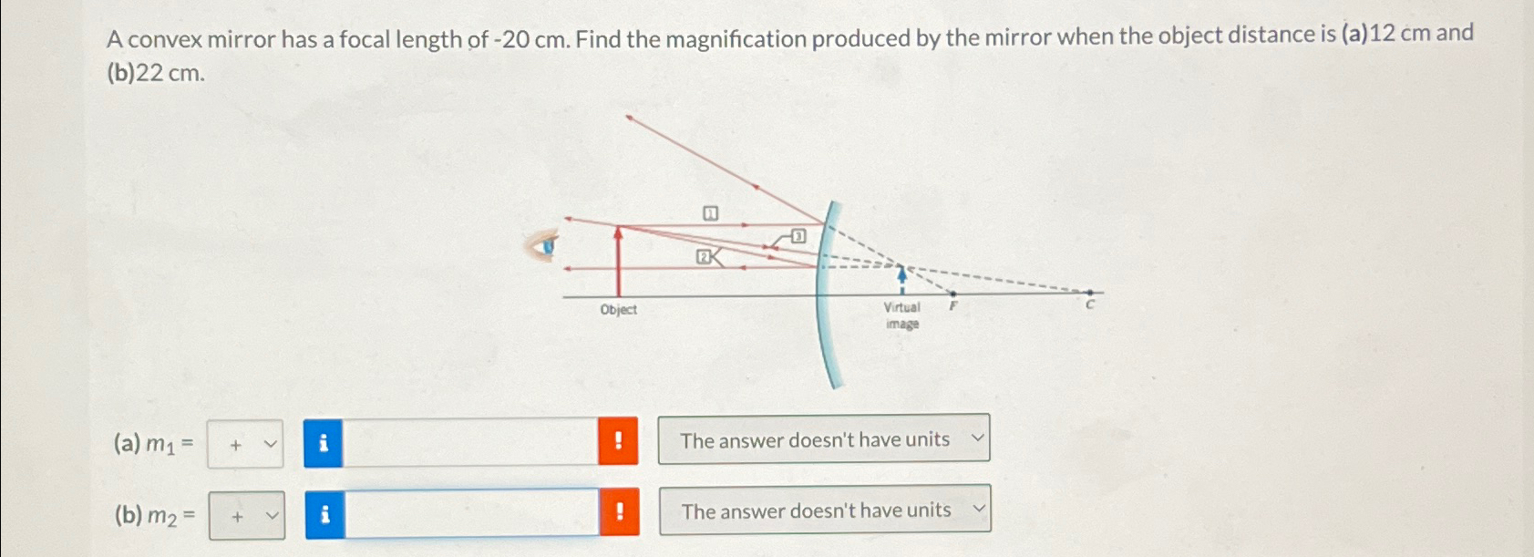 Solved A convex mirror has a focal length of -20cm. ﻿Find | Chegg.com