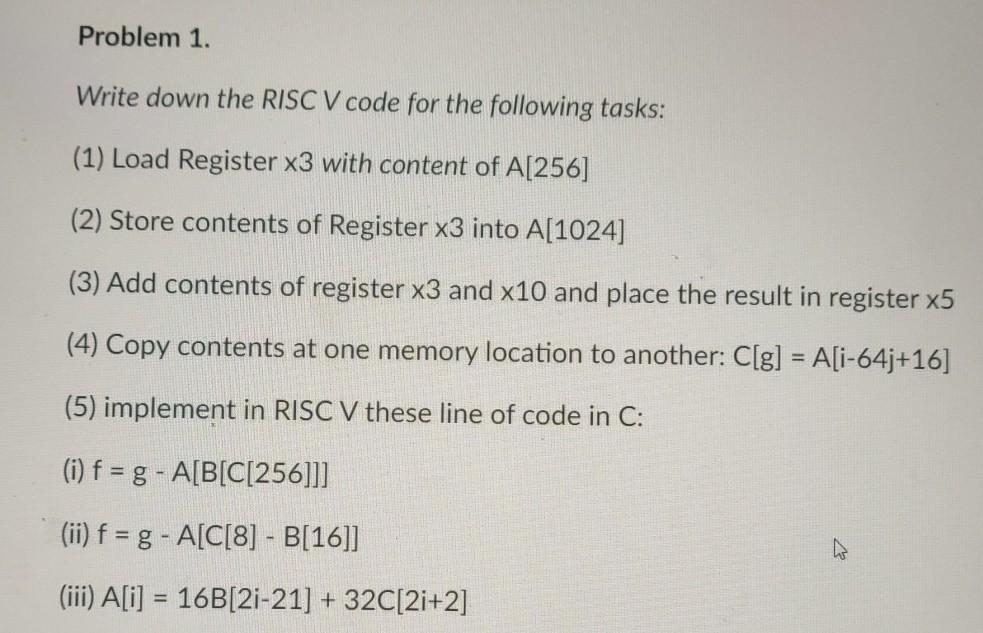 Solved Problem 1. Write down the RISC V code for the | Chegg.com