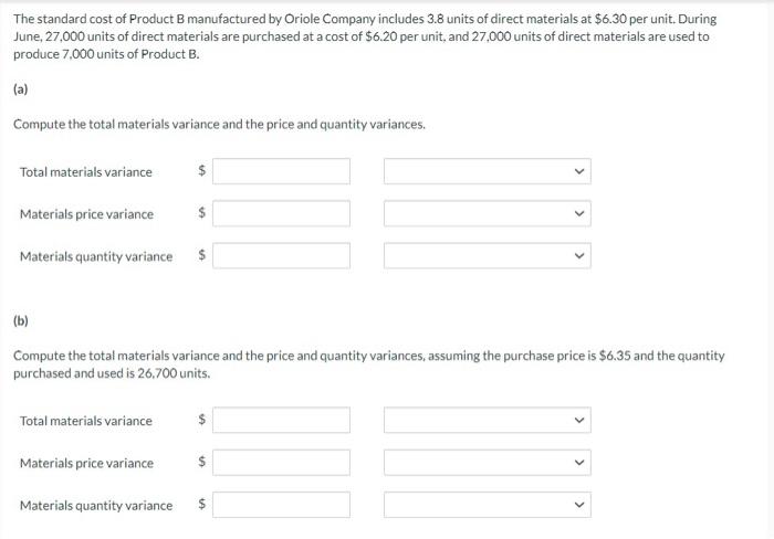 Solved a) Compute the total materials variance and the price | Chegg.com Solved a) Compute the total materials variance and the price | Chegg.com