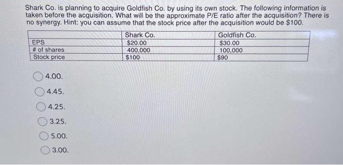 Solved Shark Co. is planning to acquire Goldfish Co. by | Chegg.com