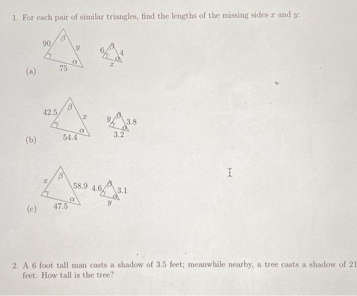 Solved 1. For each pair of similar triangles, find the | Chegg.com