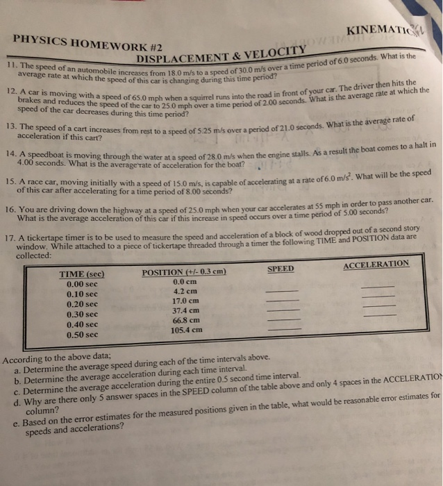 Solved KINEMATIC PHYSICS HOMEWORK #2 DISPLACEMENT & VELOCITY | Chegg.com