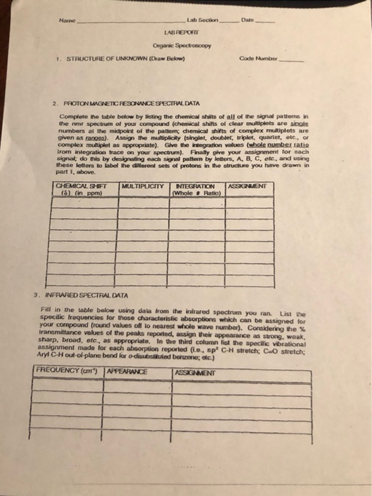 Solved Name Lab Section Date LAS PEROTT Organic Spectroscopy | Chegg.com