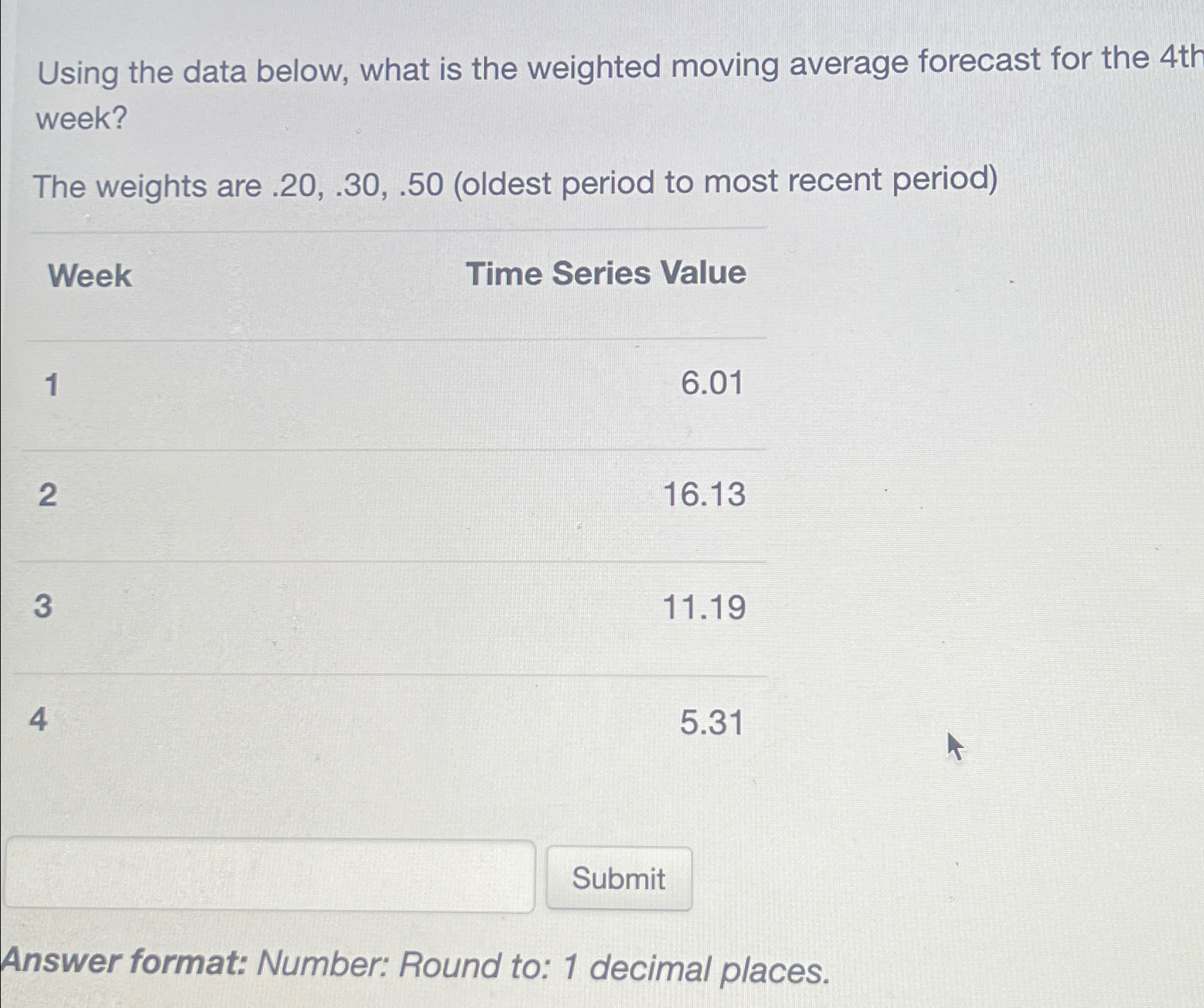 Solved Using the data below, what is the weighted moving | Chegg.com