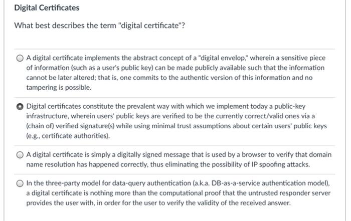 Solved Digital Certificates What best describes the term | Chegg.com