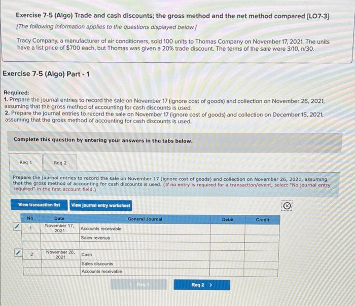 Solved Exercise 7-5 (Algo) Trade and cash discounts; the | Chegg.com