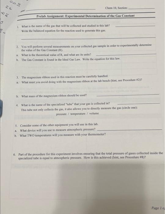 Solved مه 2 Chem 10, Section: Prelab Assignment: | Chegg.com
