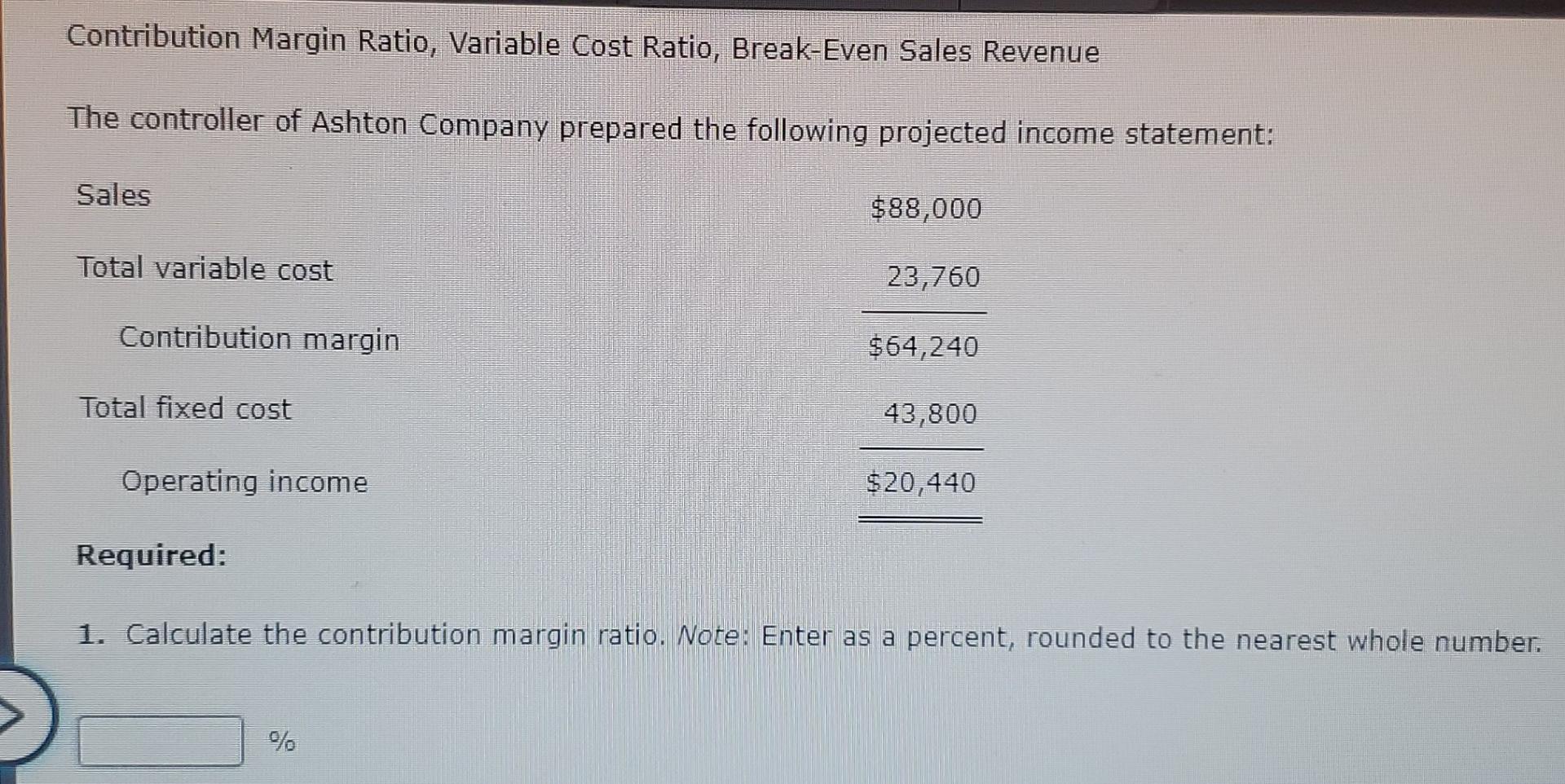 Solved Contribution Margin Ratio, Variable Cost Ratio, | Chegg.com