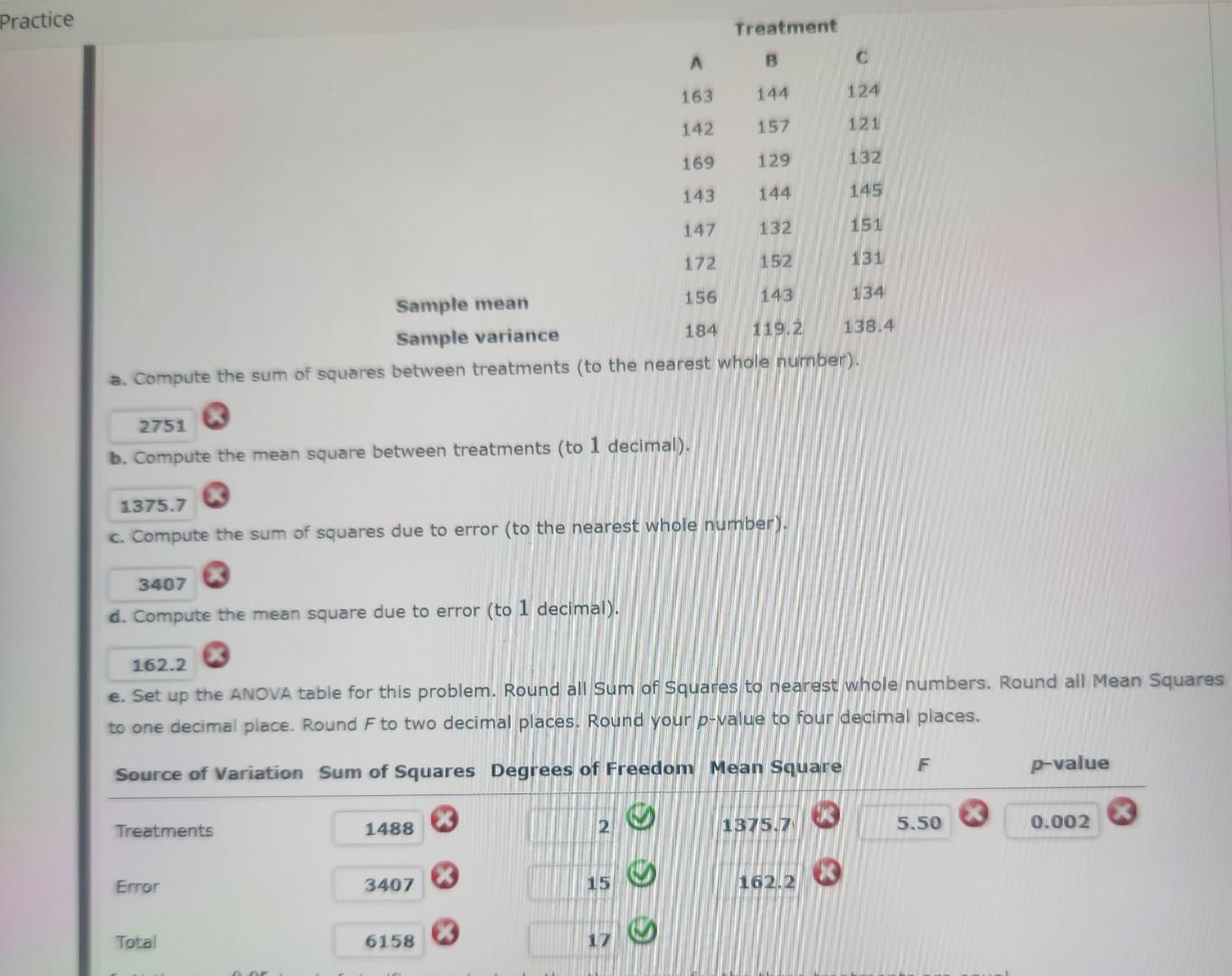 Solved a. Compute the sum of squares between treatments (to | Chegg.com
