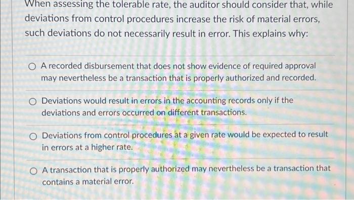 Solved When assessing the tolerable rate, the auditor should | Chegg.com