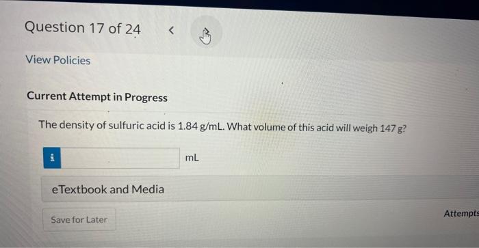 Solved Current Attempt in Progress The density of sulfuric | Chegg.com