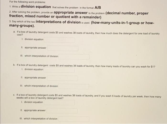 Solved For the following word problems 1. Write a division | Chegg.com