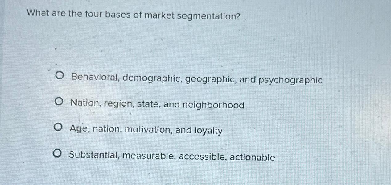 Solved What are the four bases of market | Chegg.com