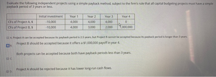Solved Evaluate the following independent projects using a | Chegg.com