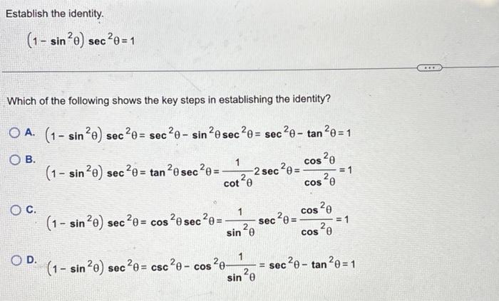Solved Establish the identity. 1+cosθ1−cosθ=(cscθ−cotθ)2 | Chegg.com