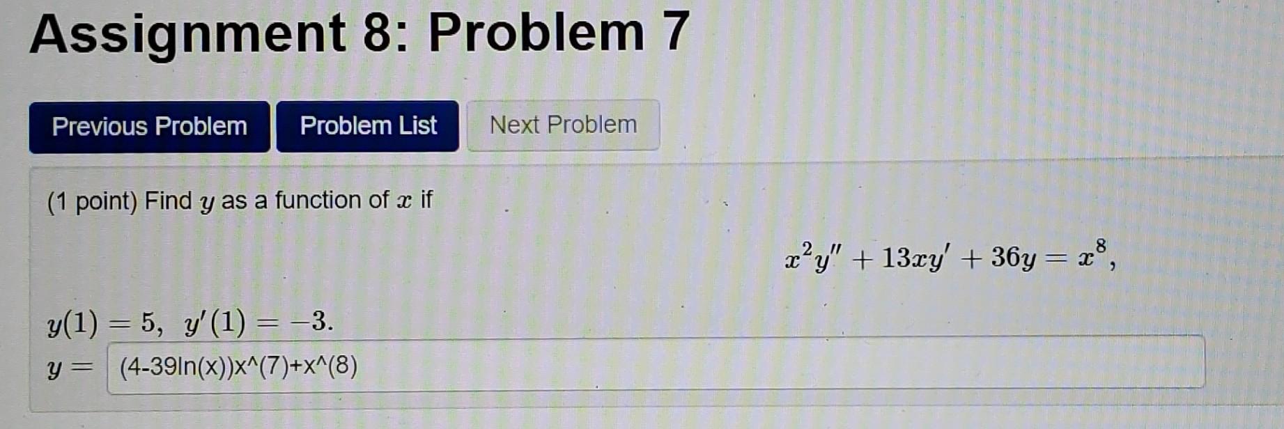 Solved Assignment 8 Problem 7 Previous Problem Problem List 