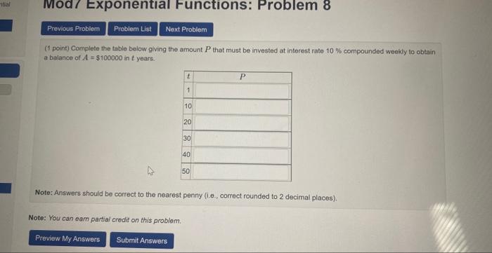 Solved (1 point) Complete the table below giving the amount | Chegg.com