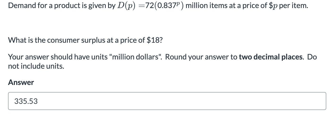 Solved Demand for a product is given by D(p)=72(0.837^(p)) | Chegg.com