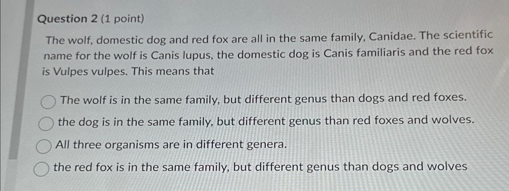 Solved Question 2 (1 ﻿point)The wolf, domestic dog and red | Chegg.com