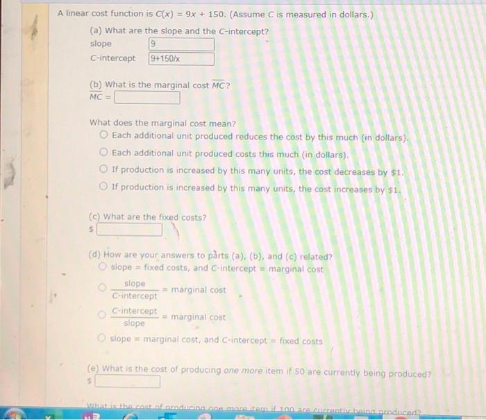 Solved Linear Cost Function Is C X 9x 150 Assume C Is