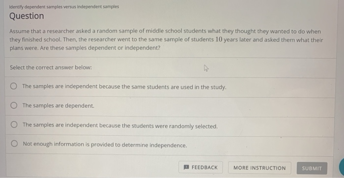 Solved Identify dependent samples versus Independent samples | Chegg.com