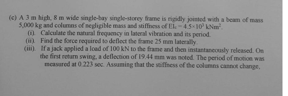 Solved (c) A 3 m high, 8 m wide single-bay single-storey | Chegg.com
