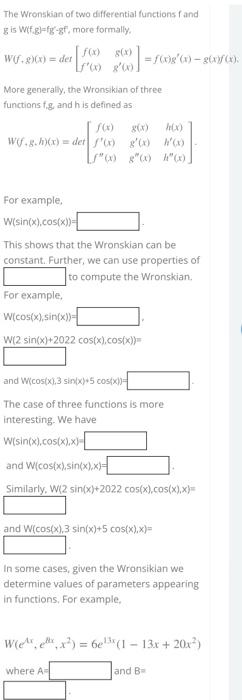 Solved The Wronskian of two differential functions fand. g | Chegg.com